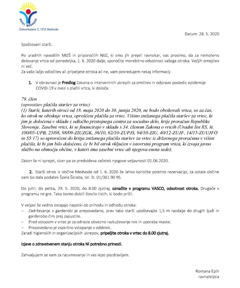 Obvestilo o delovanju vrtca po 1.6.2020 – Vrtec Medvode