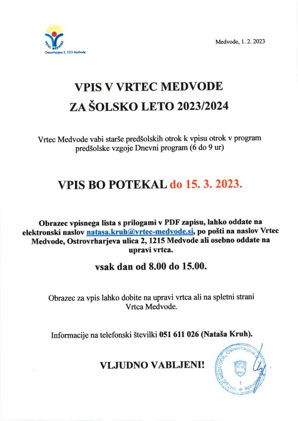 Vpis otrok 2023/2024 – Vrtec Medvode